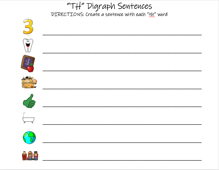 /th/ Digraph Vocabulary Page, Sorting and Sentence Worksheet