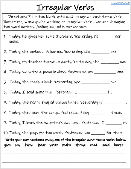 Valentines Verbs Worksheets - Irregular, Regular and Defi...